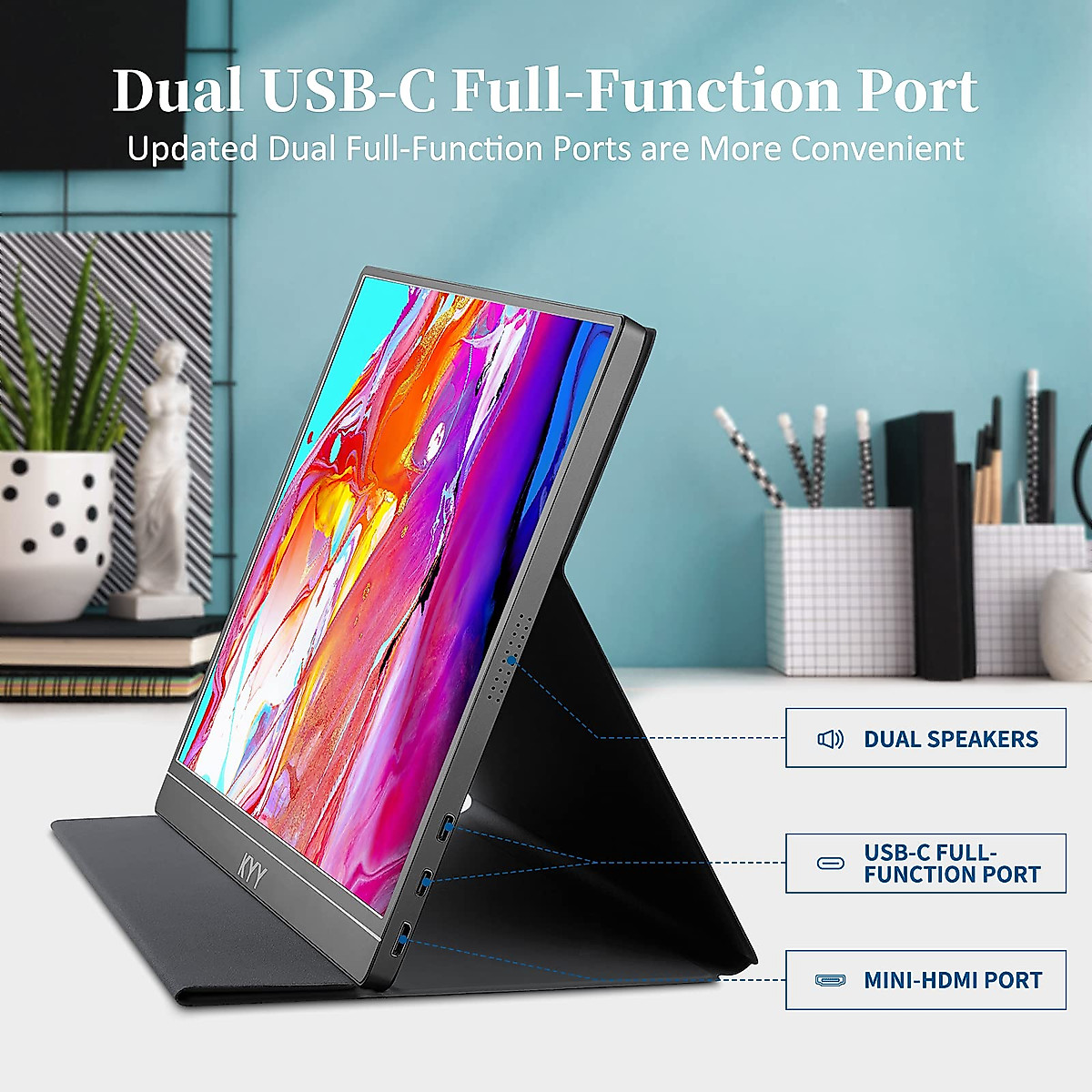 KYY Portable Monitor 15.6'' 1080P FHD USB-C Laptop Monitors w/Smart Cover & Dual Speaker, HDMI Computer Display IPS HDR External Gaming Monitor for PC Phone Mac Xbox PS4 Switch[Upgraded]