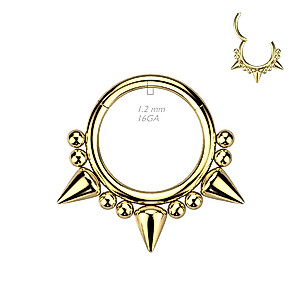 Pierced Owl 16GA Precision All 316L Stainless Steel 3 Spikes and Ball Lined Hinged Segment Ring (Black)