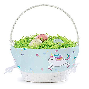 Rainbow Unicorn Personalized Easter Egg Basket with Handle and Custom Name | Blue Easter Basket Liners | White Basket | Woven Easter Baskets for Kids | Customized Easter Basket | Gift for Easter
