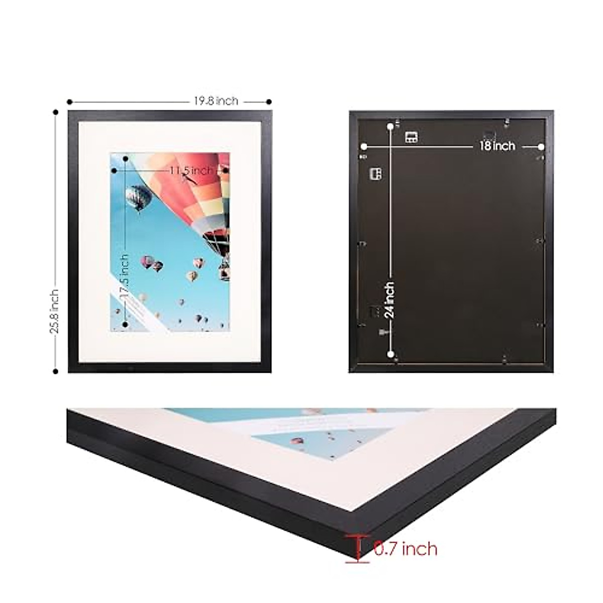 The Display Guys - Minimalist Wooden Picture Frame w. Tempered Glass - 18x24 matted to 12x18 - Wall Hanging - Black