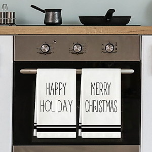 AnyDesign Merry Christmas Kitchen Towel White Black Stripe Happy Holiday Dish Towel Xmas Tree Tea Towel Farmhouse Hand Drying Towel for Winter Cooking Baking, 18 x 28 Inch, 2 Pack