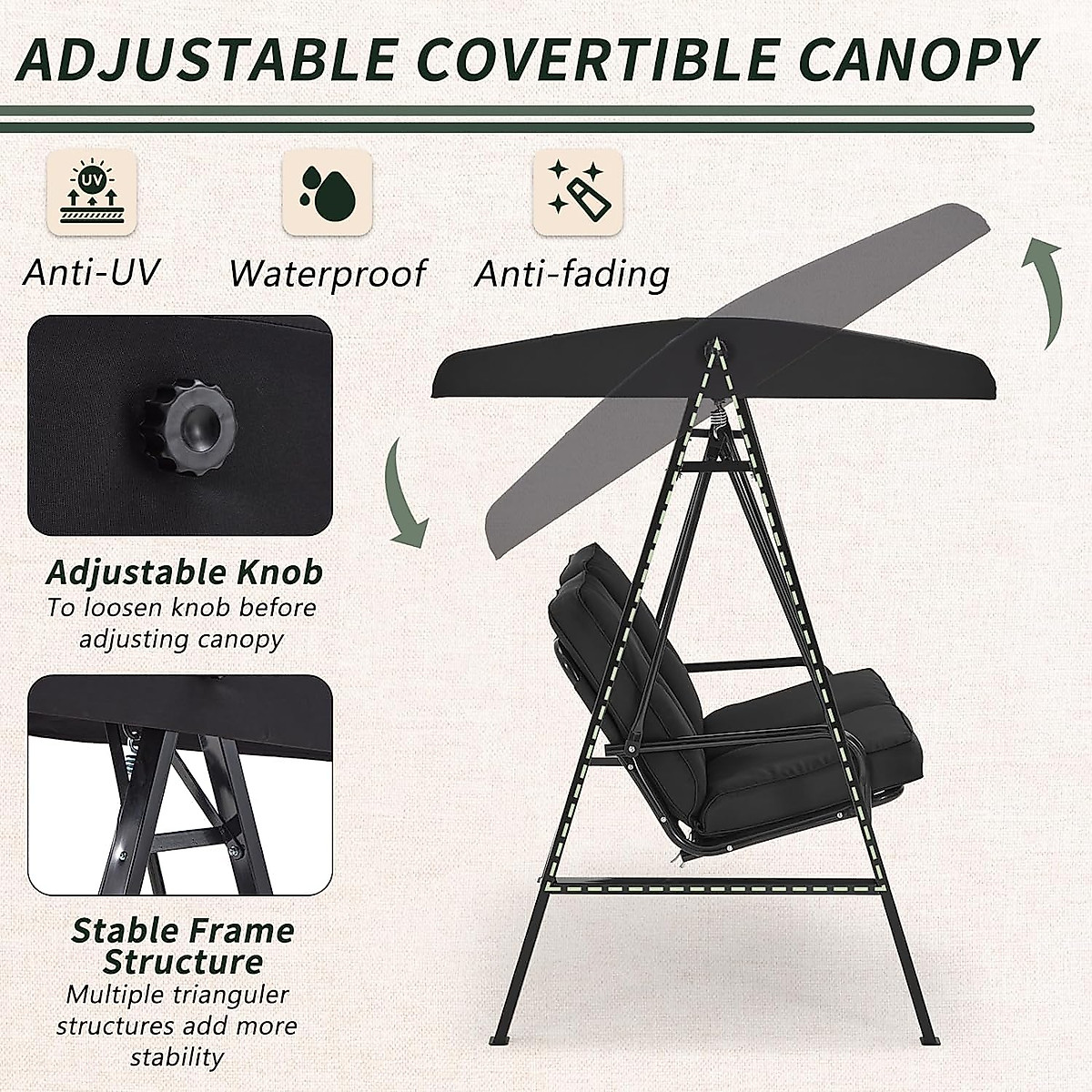 AECOJOY Outdoor Patio Swing Chair for Adults, 2-Seat Porch Swings with Adjustable Canopy, Outside Swing Bench with Removable Cushion, Suitable for Backyard, Garden, Yard, Poolside, Balcony (Beige)