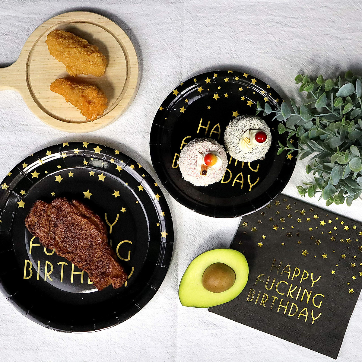 Pandecor 120 PCS Black and Gold Happy FING Birthday party supplies -Serves 30- Include Dinner Plates,Dessert Plates,Cups and Napkins for Adult Funny Birthday Party