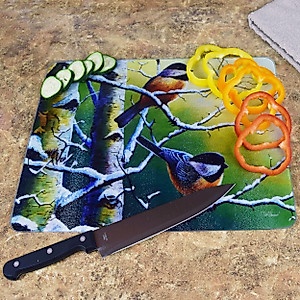 Rivers Edge Products Large 12in x 16in Decorative Tempered Glass Cutting Board, Hypoallergenic, Non Slip, Textured Surface Chopping Board for Kitchen, Cute Birds for Bird Watcher, Chickadee