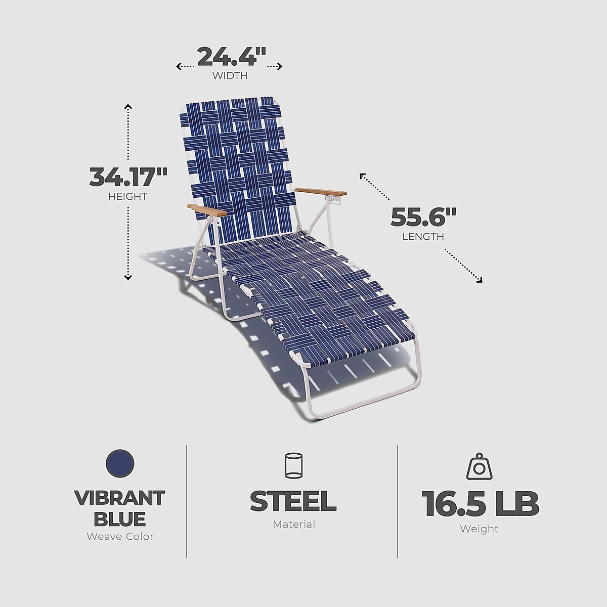 RIO Brands High Back Outdoor Folding Chaise Lounge Chair with Blue Woven Webbing, White Powder Coated Steel Frame and Hardwood Armrests, Blue (2 Pack)