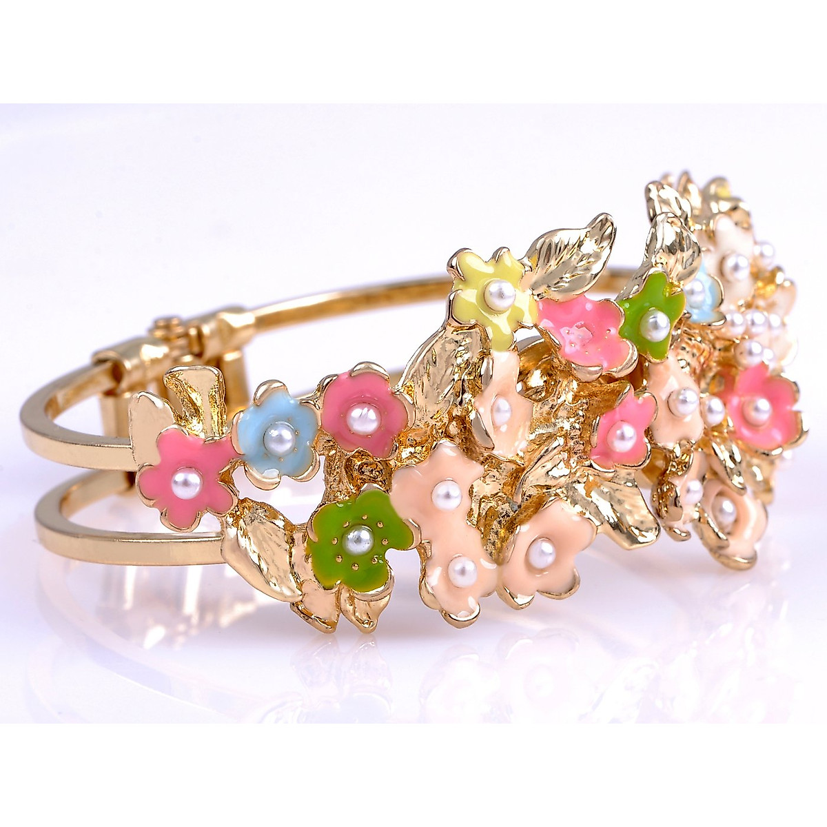 Alilang Faux Pearl Crystal Rhinestone Pastel Enamel Floral Flower Bridal Easter Bangle Cuff Bracelet