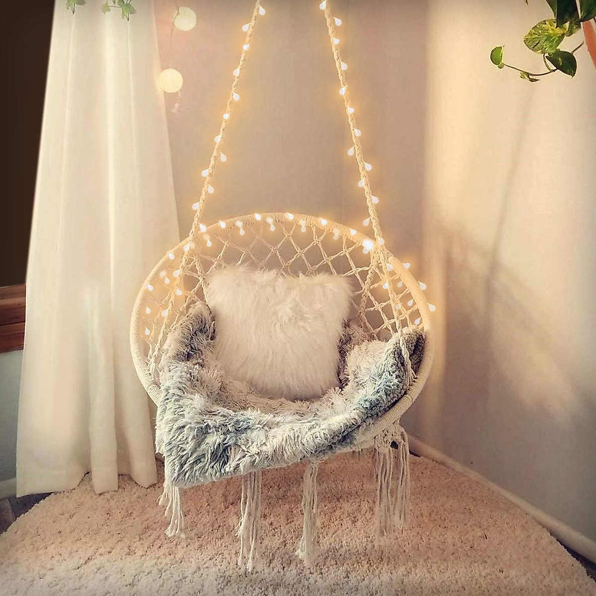 Hanging Chair for Bedroom Hammock Chair Swing with Lights and Hardware Kits Holds Up to 550Lbs Macrame Swing Chair Hanging Cotton Rope Swing Chair for Bedroom, Patio, Deck, Garden and Porch-KASHAN