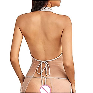 Women's Sexy Lingerie for Sex Naughty Play Mesh Embroidery Sheer Babydoll Teddy Lingerie Thong Slutty Pajama Nightgown Beige