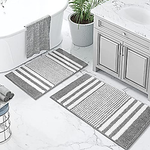 Tindbea Bathroom Rugs Set 2 Piece, Extra Soft and Absorbent Fluffy Striped Chenille Bath Mat Rug Set, Non Slip Bathroom Floor Mat, Machine Washable (20" x 32" Plus 16" x 24", Gray)
