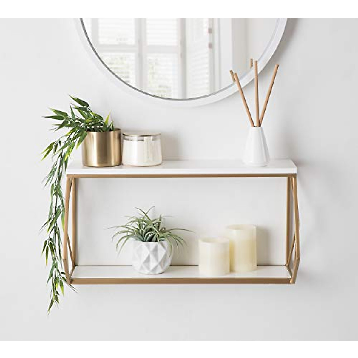 Kate and Laurel Brost Glam Wall Shelf, 22 x 8 x 10.25, White and Gold, Modern Geometric Floating Shelves for Wall