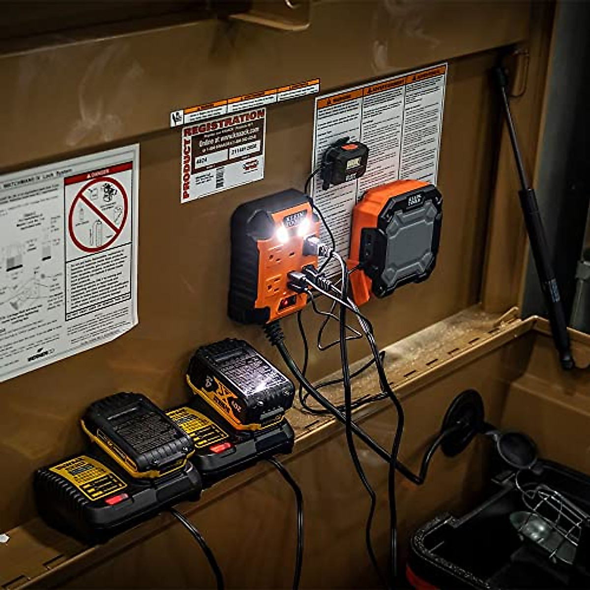 Klein Tools 29601 Magnetic Power Strip with Surge Protector, Extension Cord, 4 Outlets, 3 USB Ports, 5-Foot Cord, Power Supply Box with Light, PowerBox 1, Heavy Duty