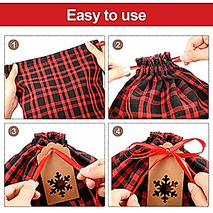 8 Pieces Xmas Plaid Drawstring Bags Fabric Present Bags Xmas Stocking Storage Sack Party Favors Xmas Bags for Christmas Party Decoration Supplies, 3 Sizes (Red and Black)