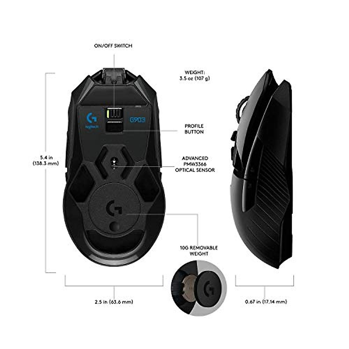 Logitech G903 LIGHTSPEED Gaming Mouse with POWERPLAY Wireless Charging Compatibility (Renewed)