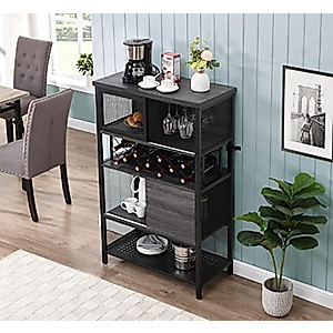 CEMKAR Industrial Bar Cabinet, Modern High Display Wine Storage Rack, Wood and Metal Cabinets for Home Kitchen Storage, Restaurant Cafe Cafeteria Bar Cabinet (Black+Gray)