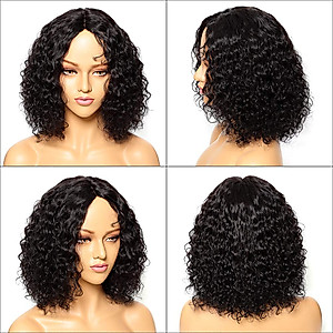 Fine Plus 150% Density Curly Wigs for Black Women Brazilian Human Hair Glueless Short Curly Wigs for Women Natural Black Wig with Middle Part Lace 12 Inch