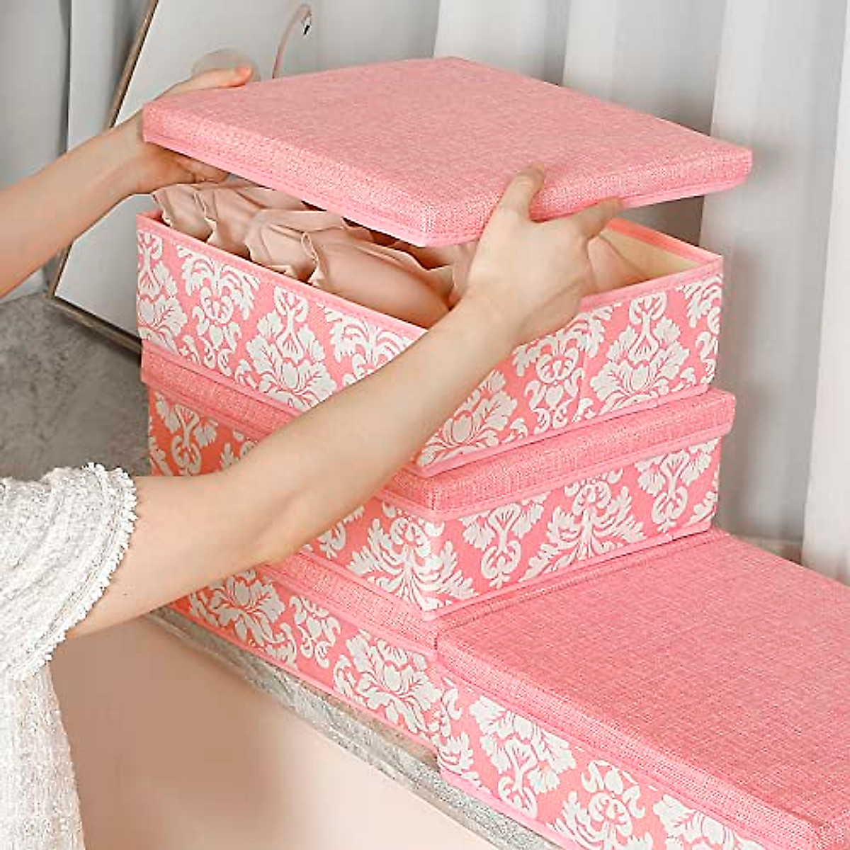SEEKIND Storage Box, Decorative Storage Bins with Lid,6 in 1 Set,with Handles,Foldable for Space Saving Storage Boxes,for Bras，Clothes, Cosmetic,Blankets (Pink) …