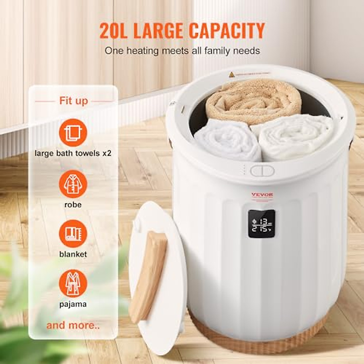 VEVOR Towel Warmer, 20L Large Towel Warmer Bucket with LED Screen for Bathroom, Auto Shut Off, Child Safety Lock, Heat Time 15/30/45/60 Min Adjustable, Fits up to Two 40"x70" Towels, Blankets