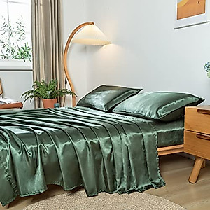 Revdomfly 4 Pcs Luxury Silky Soft Olive Green Satin Sheet Set,1 Premium Moisture Wicking Fitted Sheet Fits Up to 16 Inches Deep Pocket + 1 Flat Sheet + 2 Pillowcases（Olive Green, California King）