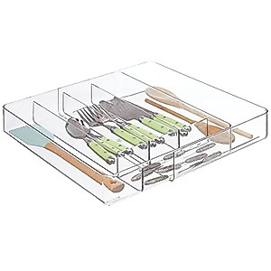 mDesign Adjustable, Expandable Plastic Kitchen Cabinet Drawer Storage Organizer Tray - for Storing Organizing Cutlery, Spoons, Cooking Utensils, Gadgets - Clear