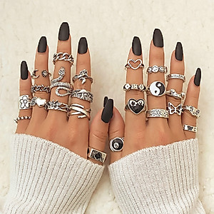 IFKM 15-63 PCS Vintage Silver Knuckle Rings Set for Women Teen Girl, Stackable Joint Finger Statement Rings Bohemian Retro Hollow Carved Midi Rings, Boho Y2k Snake Butterfly Heart Chunky Stacking