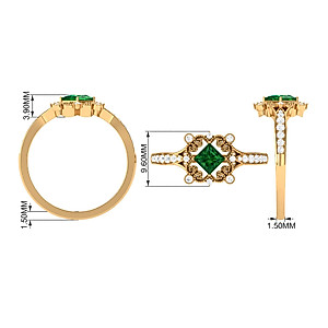 Rosec Jewels Certified Emerald Vintage Inspired Engagement Ring, AAA Quality, Natural Emerald Diamond Art Deco Ring, 14K Yellow Gold, Size:US 7.00