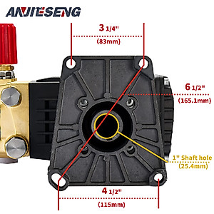 ANJIESENG 4000 PSI Pressure Washer Pump Horizontal Pressure Washer Triplex Plunger, 1'' Shaft 4.8 GPM Power Washer Pump Replacement for Most Gas Engine Power Washer with Easy Pressure Adjustment