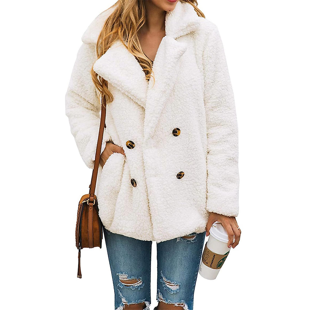 PRETTYGARDEN Women's Fashion Winter Coat Sherpa Fleece Faux Fur Shearling Oversized Trendy Jackets Warm Outerwear (Style Two White,Medium)