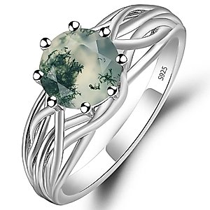 LUO S925 Sterling Silver Round Cut 1.25 Carat Natural Moss Agate Ring Statement Ring Crossing Freeform Promise Ring for Women US Size 6
