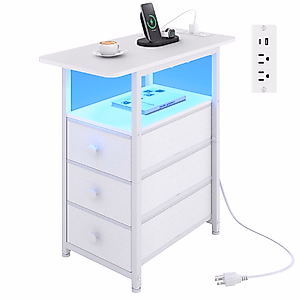 DALEMHOME End Table with Charging Station, Narrow Side Table with 3 Fabric Drawers, Skinny Nightstand with LED Light for Small Spaces, Bedroom, Living Room, White HKET1303WT