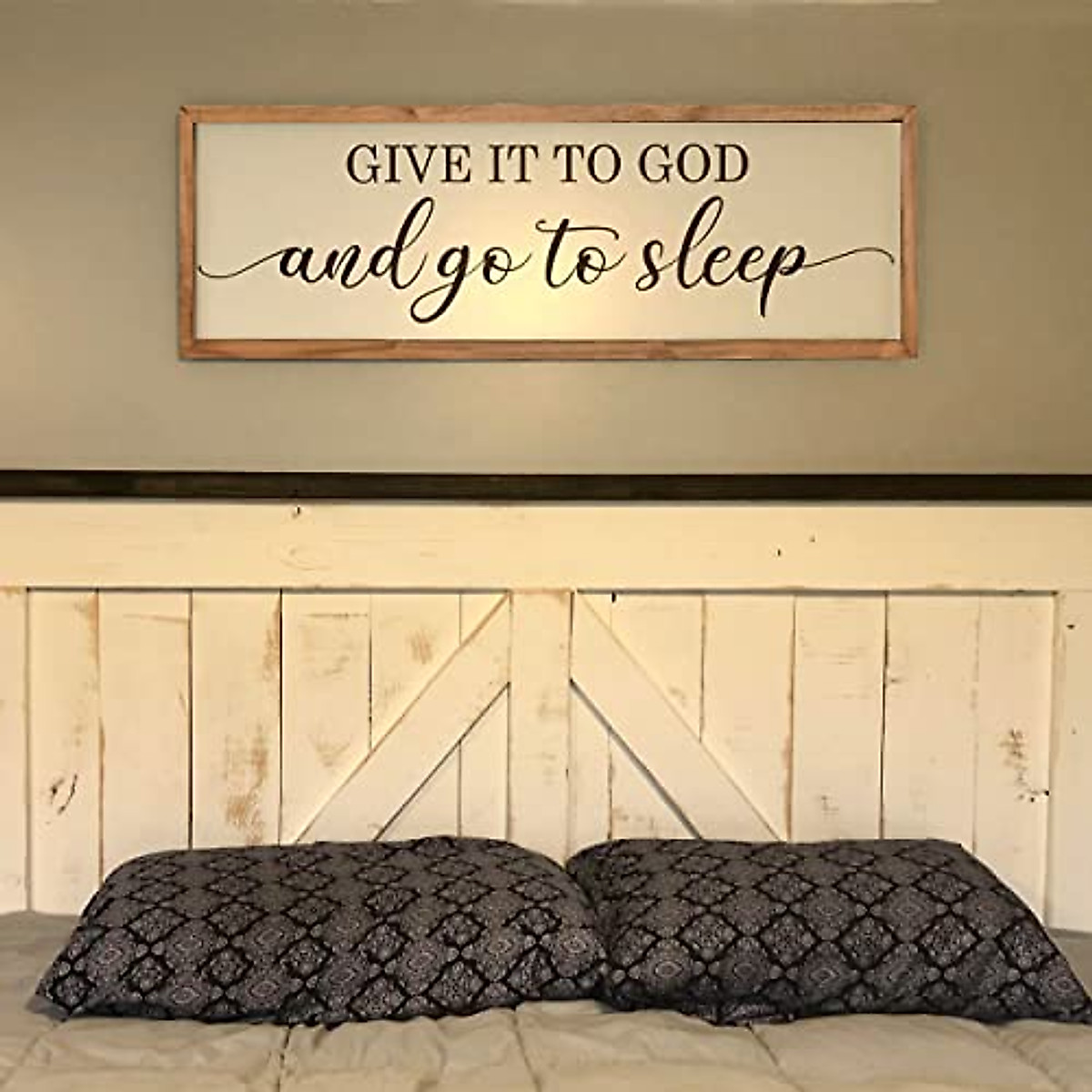 Framed Give it to God and Go to Sleep Signs 36”x12” Above Bed Wall Decors Wall Art for Bedroom Wood Signs (36X12 inch, Brown)