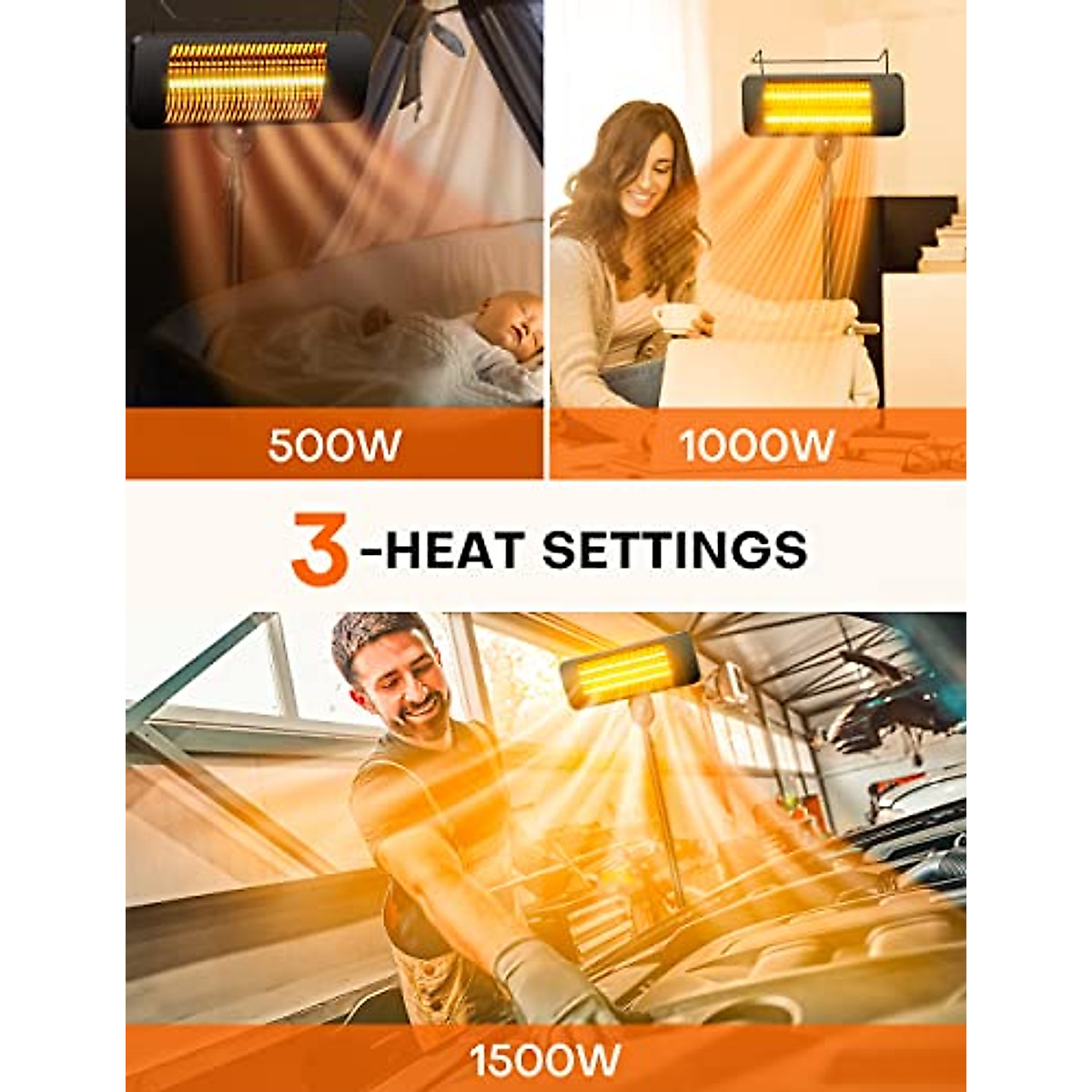 Garage Heater, 1500W Outdoor Heaters for Patio, Telescopic Radiant Infrared Heater w/3 Speeds, Fast Heating 270 Sq.Ft, Electric Patio Heater w/Tip-Over & Overheating Protection for Indoor Pet Use