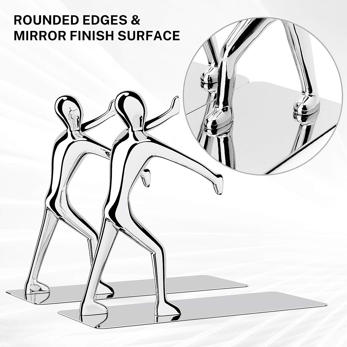 MROCO Decorative Bookends Heavy Duty Zinc Alloy Man Book End, Non-skid Bookend, Metal Book Ends for Shelves, Book Support, Book Stopper for Books, Movies, Magazines, Video Games, 7.28 x 6.1 in, Silver