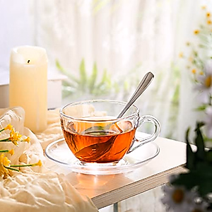 6.4 oz Espresso Cups Demitasse Clear Glass Espresso Drinkware Demitasse Cups Espresso Cups with Saucers Set Tea Cup and Saucer Set of 6 with Stainless Steel Mini Spoon for Hostess Coffee Lover