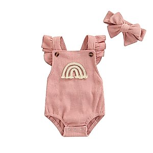 Engofs Boho Rainbow Baby Girl Clothes Newborn Infant Ruffled Sleeveless Romper with Headband Outfit Pink 0-3 Months
