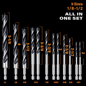 Brad Point Drill Bit Set 12Pcs (1/8" - 1/2") Hex Drill Bit Set with Double Flutes Design for Hardwood, Plywood, Plastic Round Holes in All Types of Wood