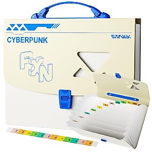 ABC life 13 Pocket Accordion File Organizer – Cyberpunk Expanding File Folder with Labels for Home, Office, Travel & School - Portable Letter Size/A4 File Box with Handle for Easy Organization(Blue)