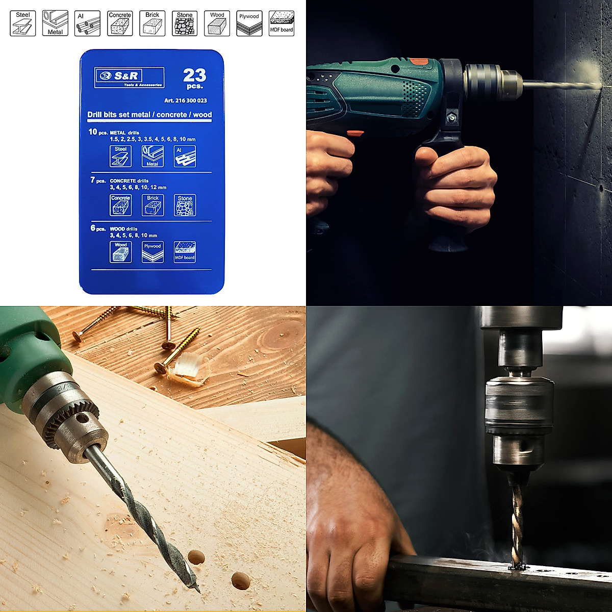 S&R Metal Concrete Masonry Drill Bit Set 23 Pcs. Multi Functional: 10 Metal Drills HSS M2 Steel / 7 Concrete Drills / 6 Wood Drills/Bits Set in Metal Box Multi-Purpose