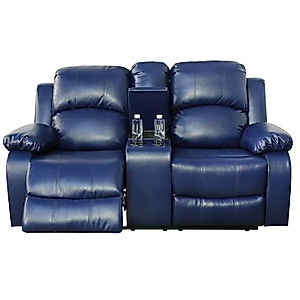 Beverly Fine Furniture Kingman Faux Leather Manual Recliner Sofa, Navy