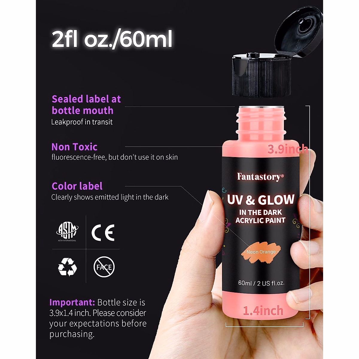 Fantastory Glow in The Dark Paint, 60ml/2oz Neon Glow Acrylic Paints, 2IN1 Paint,Charge-Glow& UV Activated For Outdoor Rocks, DIY Craft,Canvas,Holiday Decor,Christmas,Kids,Adults