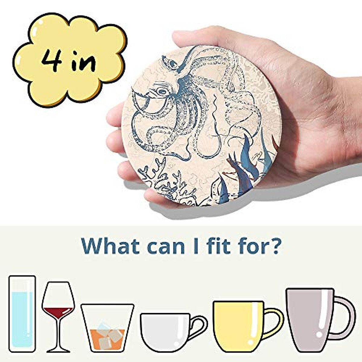 LIFVER Absorbent Stone Coasters with Holder, Coasters for Drinks and Cork Baking, Octopus On World Map Novelty Design, Set of 6