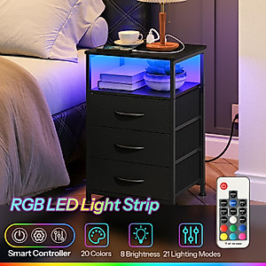 HOOBRO Nightstand with Charging Station and LED Light, Bedside Table with 3 Fabric Drawers, Night Stand with USB Ports and Outlet, End Table for Bedroom, Dorm, Black BB403UDBZ01