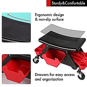 Flieeya Mechanic Stool Heavy Duty Roller Mechanics Seat Creeper Seat Garage Roller Car Detailing Stool Seat Garage Seats with Slide Out Tool Trays and Drawer, Brake Stool, 300 LB Capacity