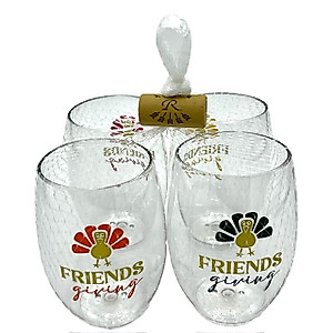 Set of 4 HOLIDAY DESIGN Shatterproof 16 oz Plastic Stemless Wine Glasses (FRIENDSGIVING)