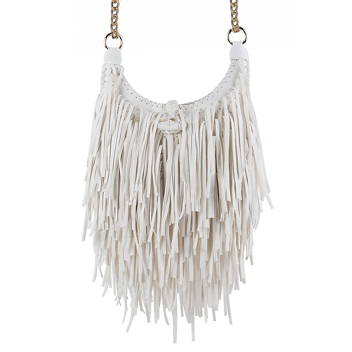 LUI SUI Women's Fringed Faux Suede Leather Cross Body Bag Chain Shoulder Bag Tassel Handbag (White)