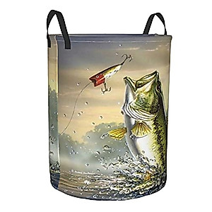 Duwrap Laundry Hamper Large Fish Bass Jumping Out Water Laundry Basket Bag With Lid Large Collapsible Laundry Cloth Washing Bin Household Organizer Bags Toy Storage Baskets For Bedroom Closet