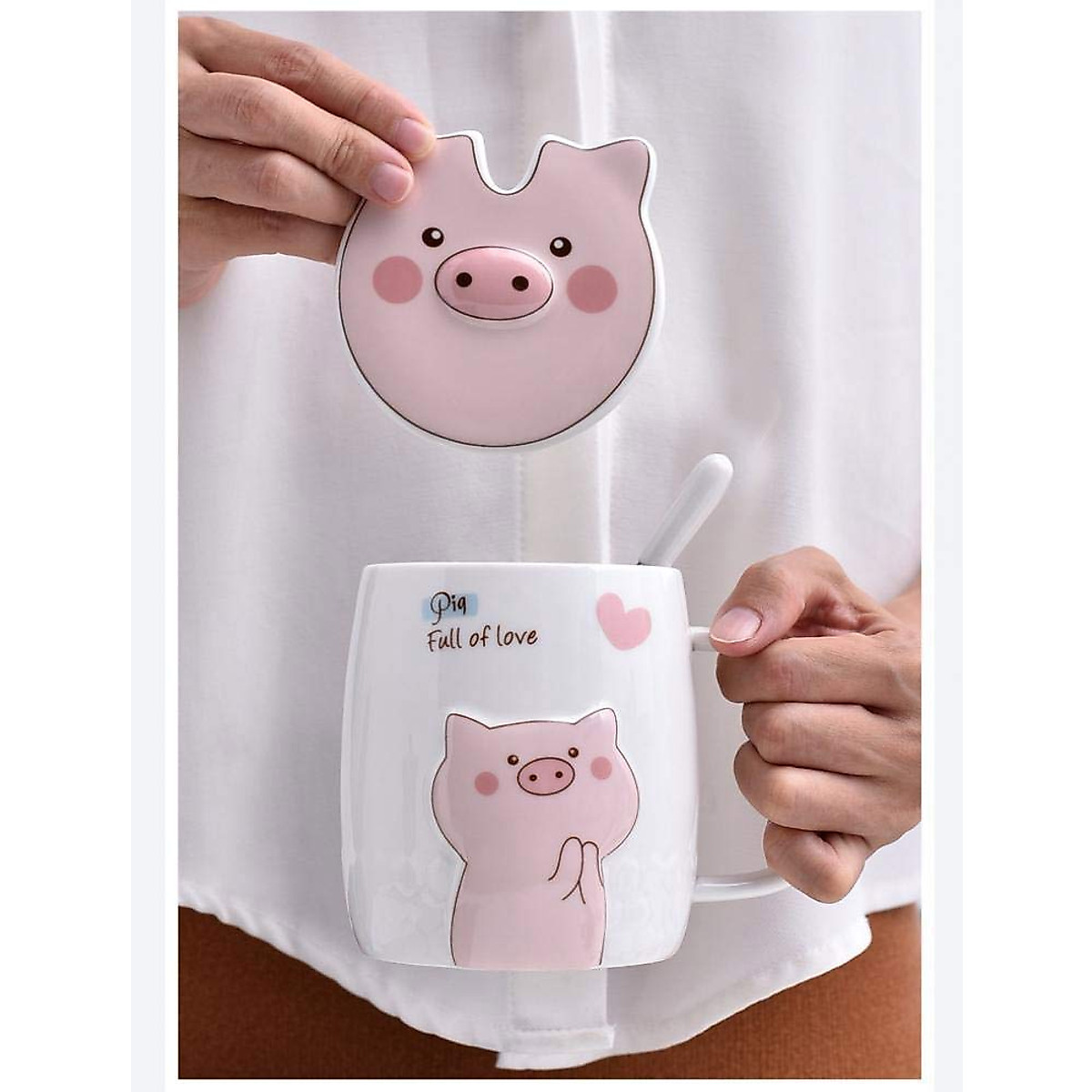 Ceramics Pig Relief Coffee Mug Water Tea Cup With Lid Spoon