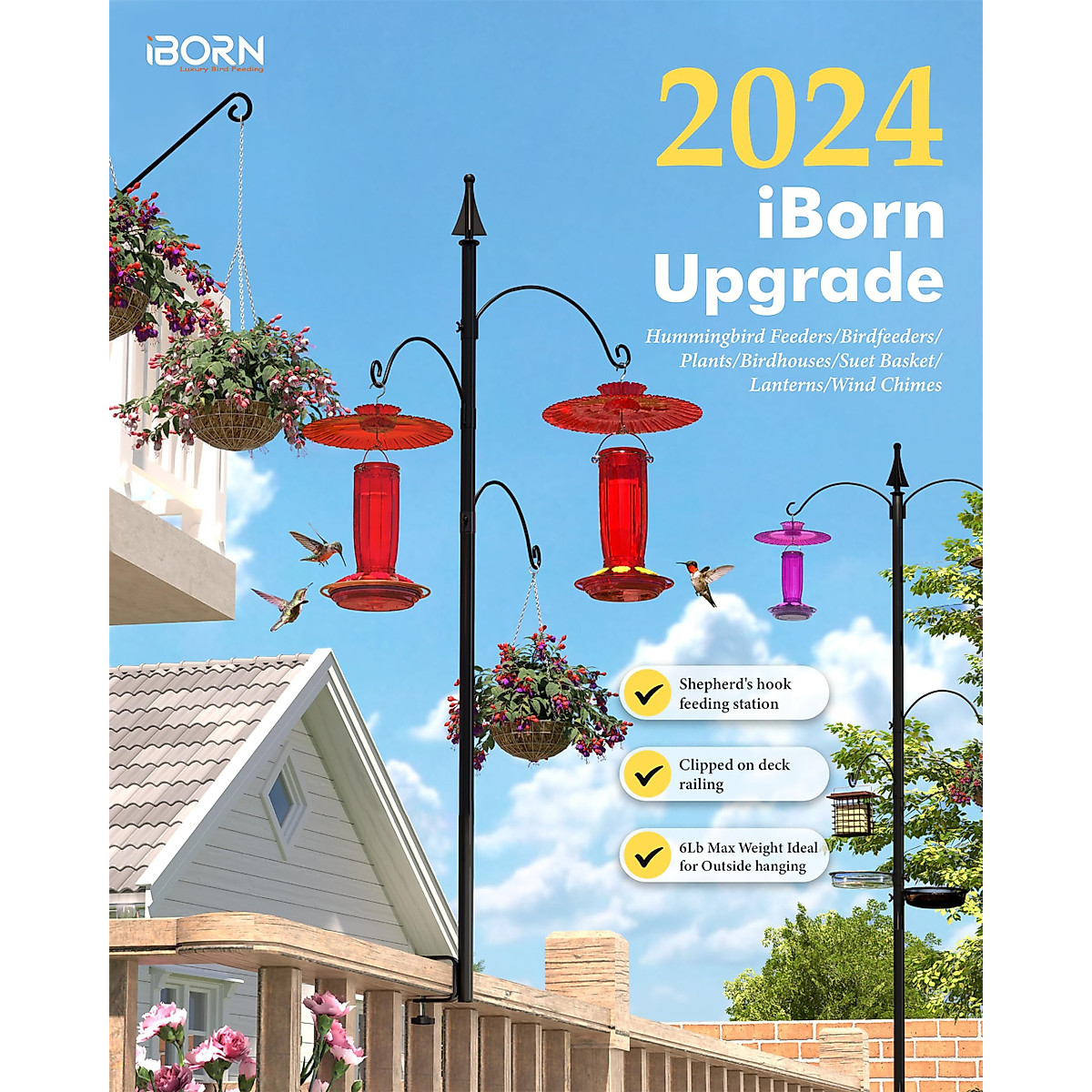 iBorn Shepherds Hooks for Outdoor Clamp On Deck Hook for Bird Feeder 45 Inch Bird Feeder Hangers for Deck Railing Humming Bird Feeders Hanging Tri-Hooks 2024 New (Feeders are Not Included)