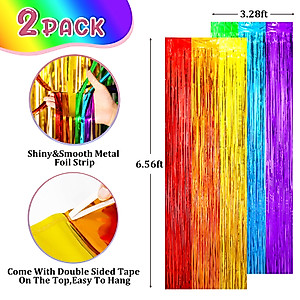 2 Pack Rainbow Foil Fringe Backdrop Curtains, Tinsel Streamers Birthday Party Decorations, Fringe Backdrop for Graduation, Baby Shower, Gender Reveal, Disco Party