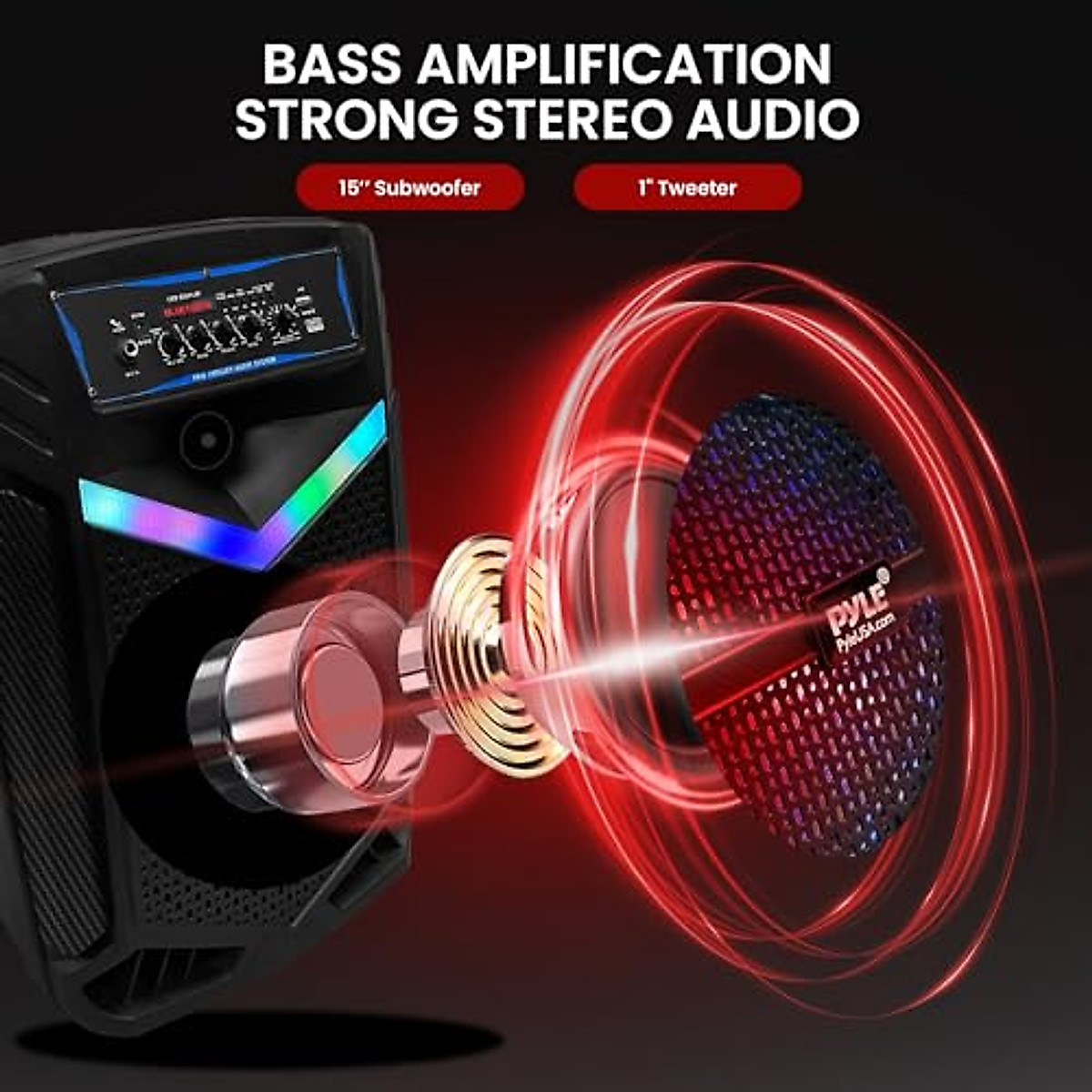 Pyle Portable Bluetooth PA Speaker System - 1200W Rechargeable Outdoor Bluetooth Speaker Portable PA System w/ 15” Subwoofer 1” Tweeter, Recording Function Mic In Party Lights USB/SD Radio PPHP1542B