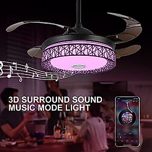 MoreChange 42” Retractable Ceiling Fans with Lights and Remote Control, Invisible Modern Chandelier Fan Lighting with Bluetooth Speaker Play Music 7 Colorful Dimmable Fixture for Bedroom/Living Room